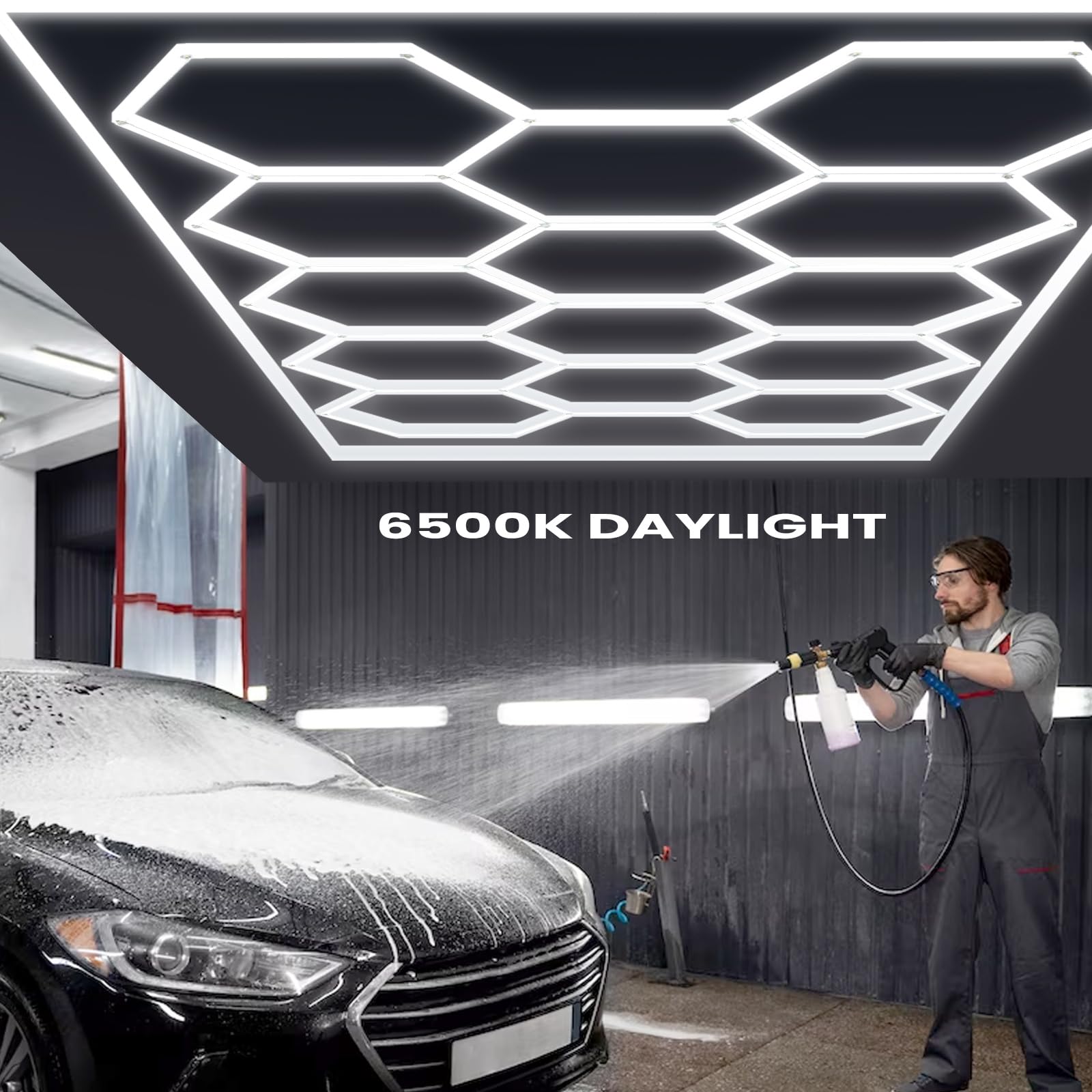 firstake Hexagon Garage Lights - 6500K Daylight White, 672W 80640LM Super Bright Aluminum Shell Hexagon LED Shop Lights with White Border, 14 Grids Hexagon LED Lights for Garage, Car Wash Room