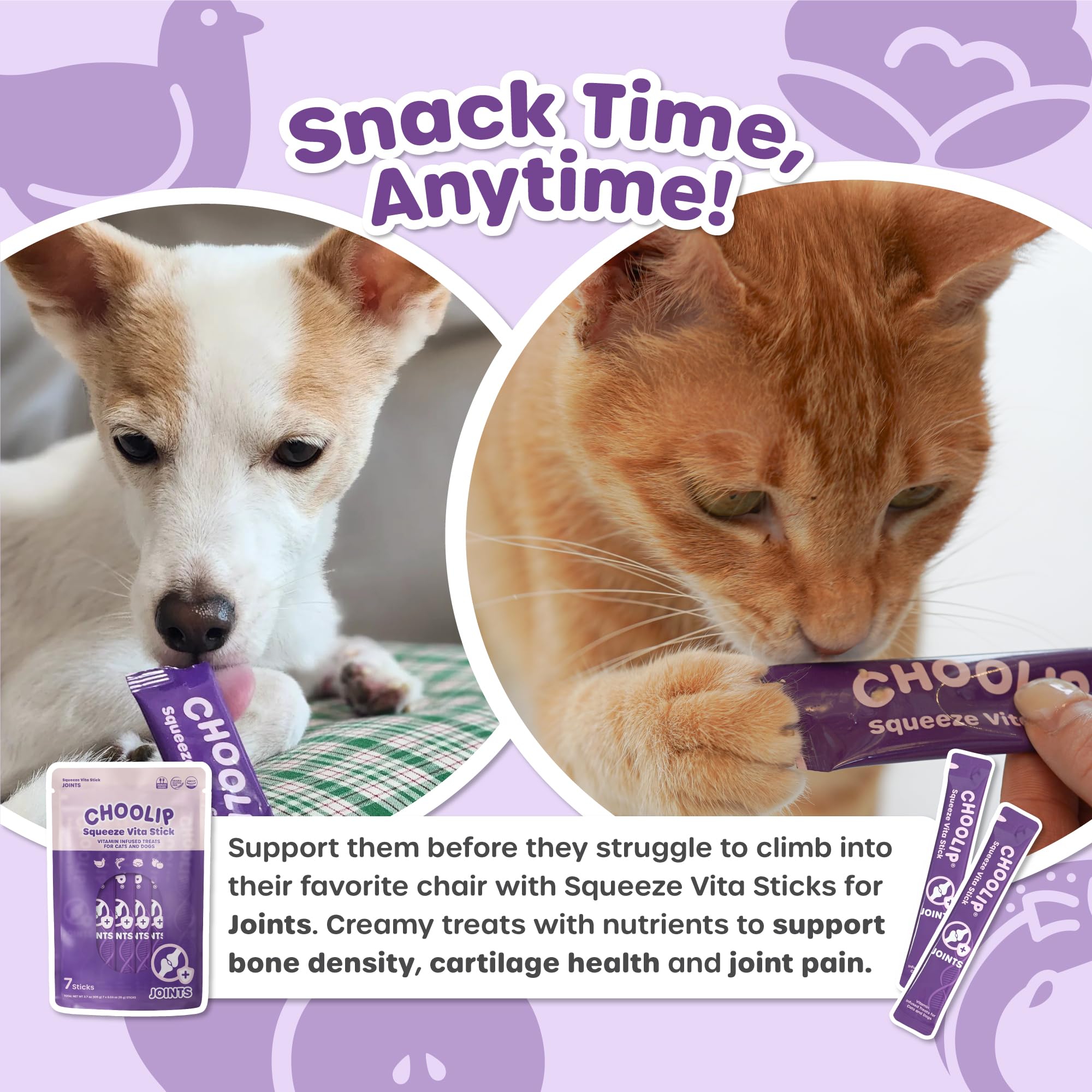 Squeeze Vita Stick Cat Treats Lickable and Dog Treats. 7pc Joint Support Pouch for Cats and Dogs. Soft Paste Tubes for Dog Lick Mat, Senior Cat Food Wet Cat Food Toppers, Multivitamin for Dog Food