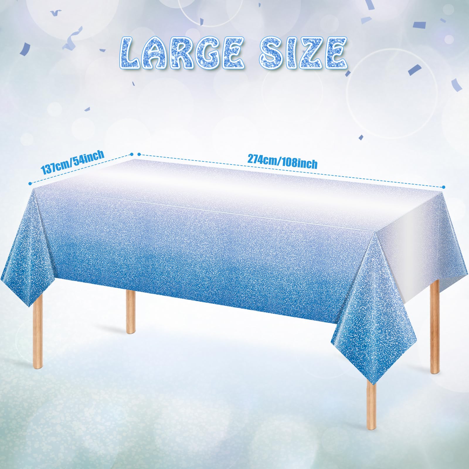 6 Pack Ombre Blue Plastic Tablecloth for Parties, Gradient Pastel Blue Disposable Tablecloths for Rectangle Tables, Royal Blue Sprinkle Table Cover for Wedding Birthday Anniversary Party, 54 x 108Inch