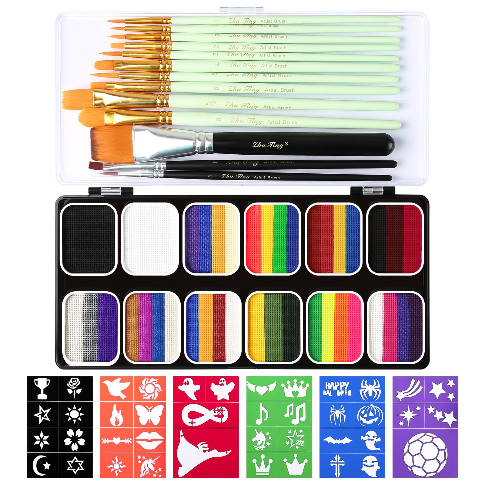 SPRINGSKY 39 Colors Face Paint Kit For Kids: Professional Face Painting Kit with 6 Stencils and 13 Brushes - Water Activated Facepaint Makeup Kit - Non Toxic Face Paint for Halloween and Christmas