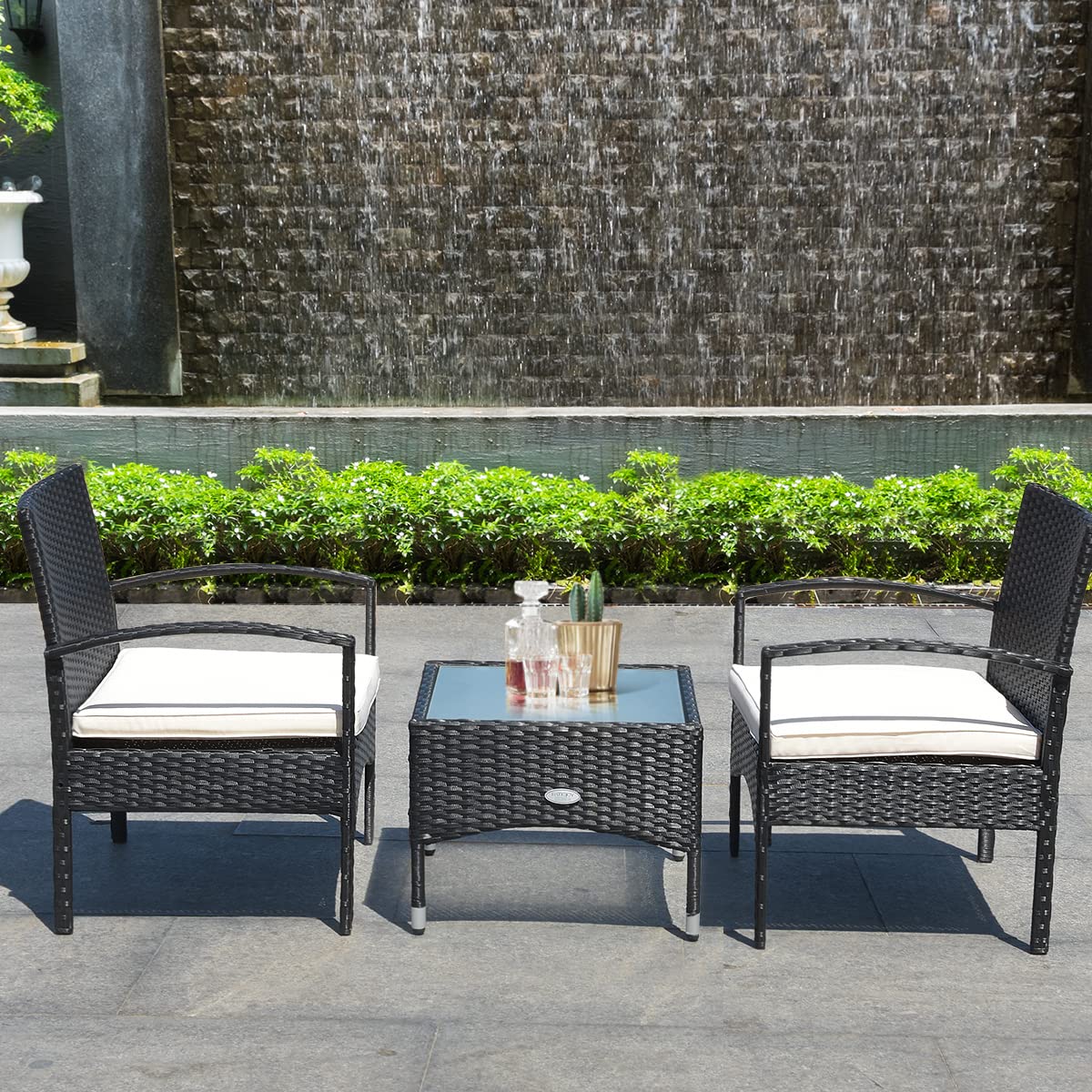 COSTWAY 3 PCS Patio Wicker Conversation Set, PE Rattan Sofa with Tempered Glass Coffee Table, 2 Chairs, 2 Cushions, Outdoor Patio Furniture Set for Yard Porch Bistro Balcony Backyard Pool, White