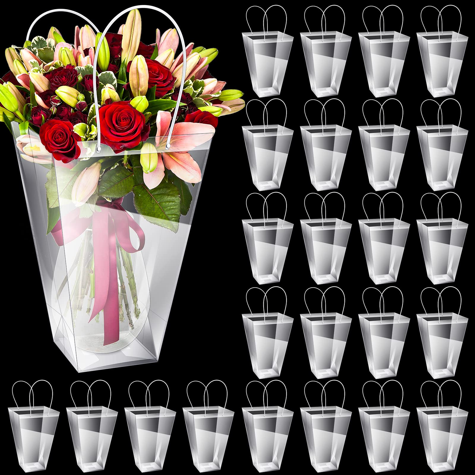 Floral Bags Large Clear Flower Bouquet Bag with Handle Transparent Florist Gift Bags Packaging Plastic Gift Bags for Birthday Christmas Valentine Mother's Day Wedding, 11.4 x 5.9 x 16.7 Inch(24 Pcs)