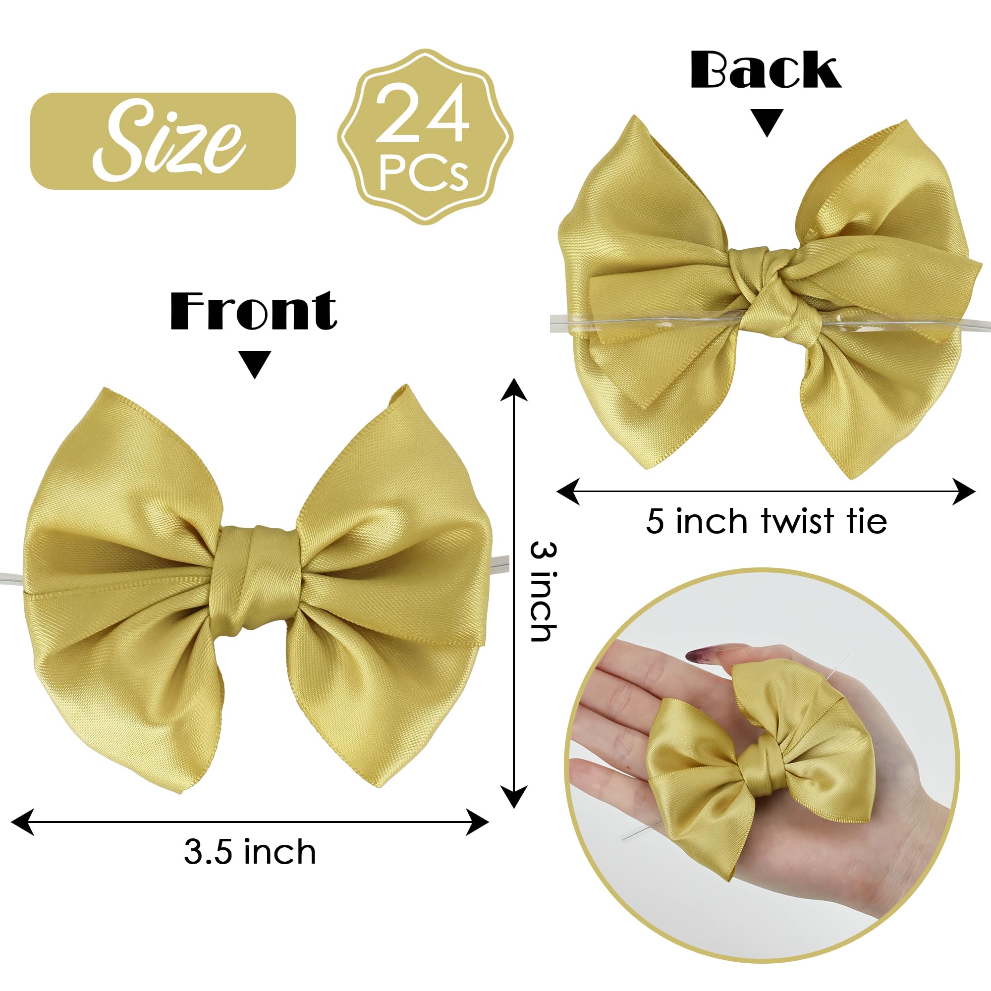 AIMUDI Gold Satin Ribbon Twist Tie Bows for Treat Bags 3.5" Gold Bows for Crafts Small Bows for Gift Wrapping Premade Bows for Cake Pops Candy Apple Wedding Favors Baby Shower Decor -24 Counts