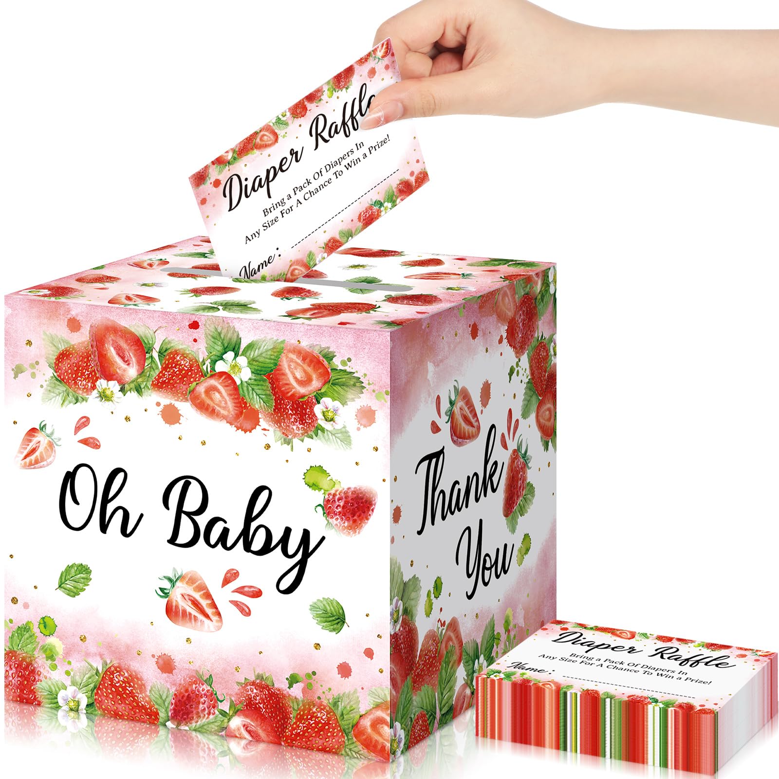 Jetec 50 Pcs Sweet Strawberry Diaper Raffle Tickets with Diaper Raffle Box Strawberry Baby Shower Decoration Diaper Raffle Game Kit Baby Shower Holder Box for Girl Gender Reveal Party Favor Supply