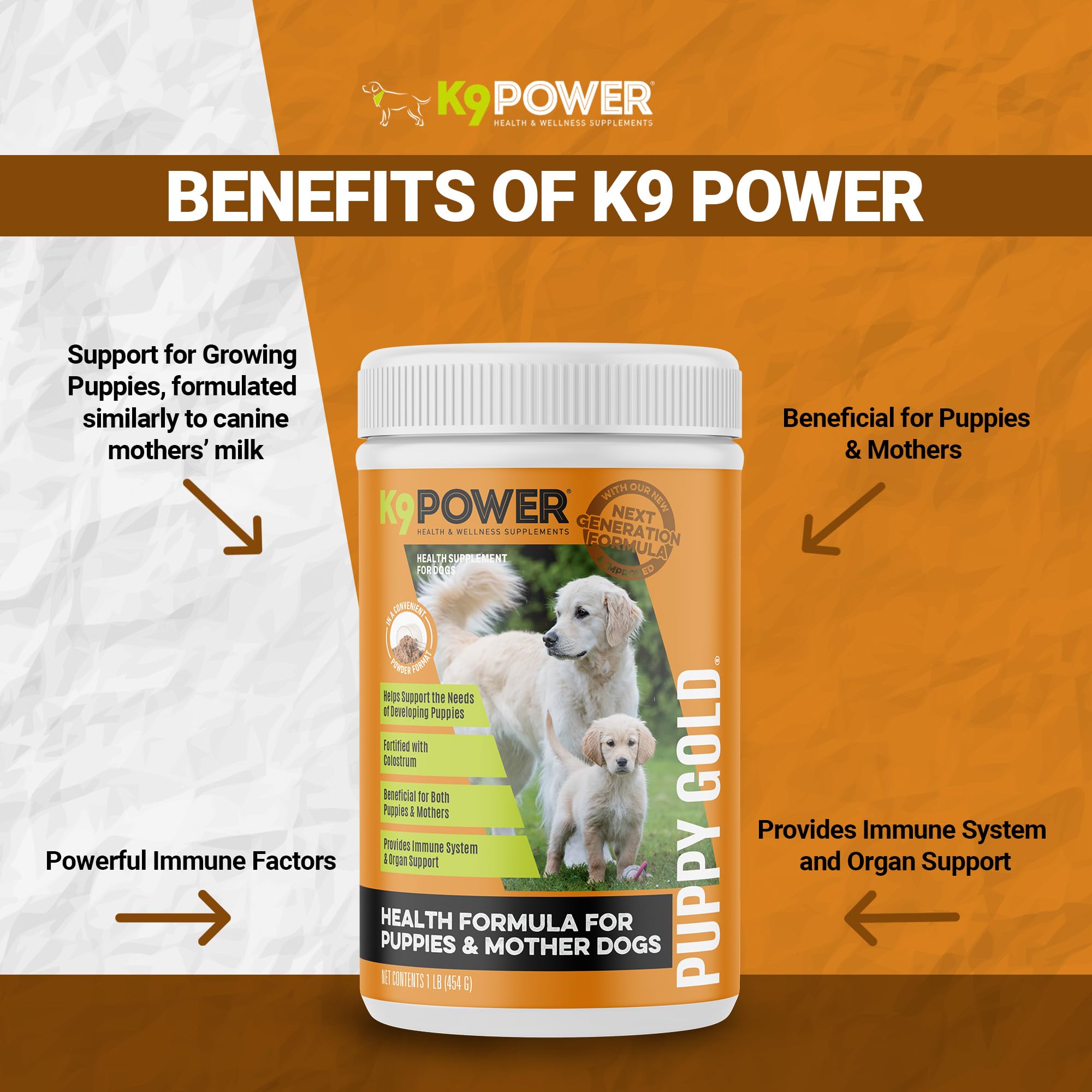 K9 Power Puppy Gold 1 lb - Supplement for Growing Puppies & Nursing Mothers - Essential Nutrients for Healthy Growth & Development - 45 Scoops