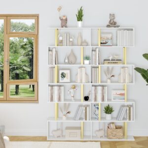 Yusong Geometric Bookcase, S Shaped Bookshelf 6-Tier Book Shelves for Bedroom, Modern Wood Decorative Display Shelf Tall Book Case for Home Office, Gold and White