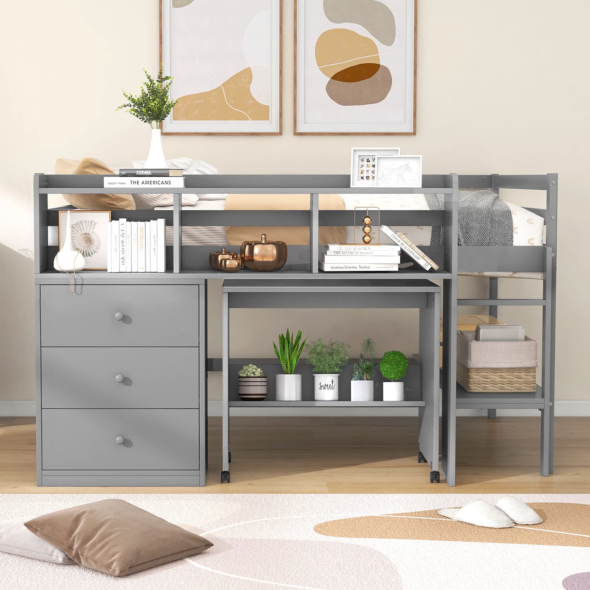 Wood Full Size Low Loft Bed with Rolling Portable Desk and Drawers,Shelves and Safety GuardRails,for Kids Boys Girls Teens Adults Bedroom (Gray@f, Full)