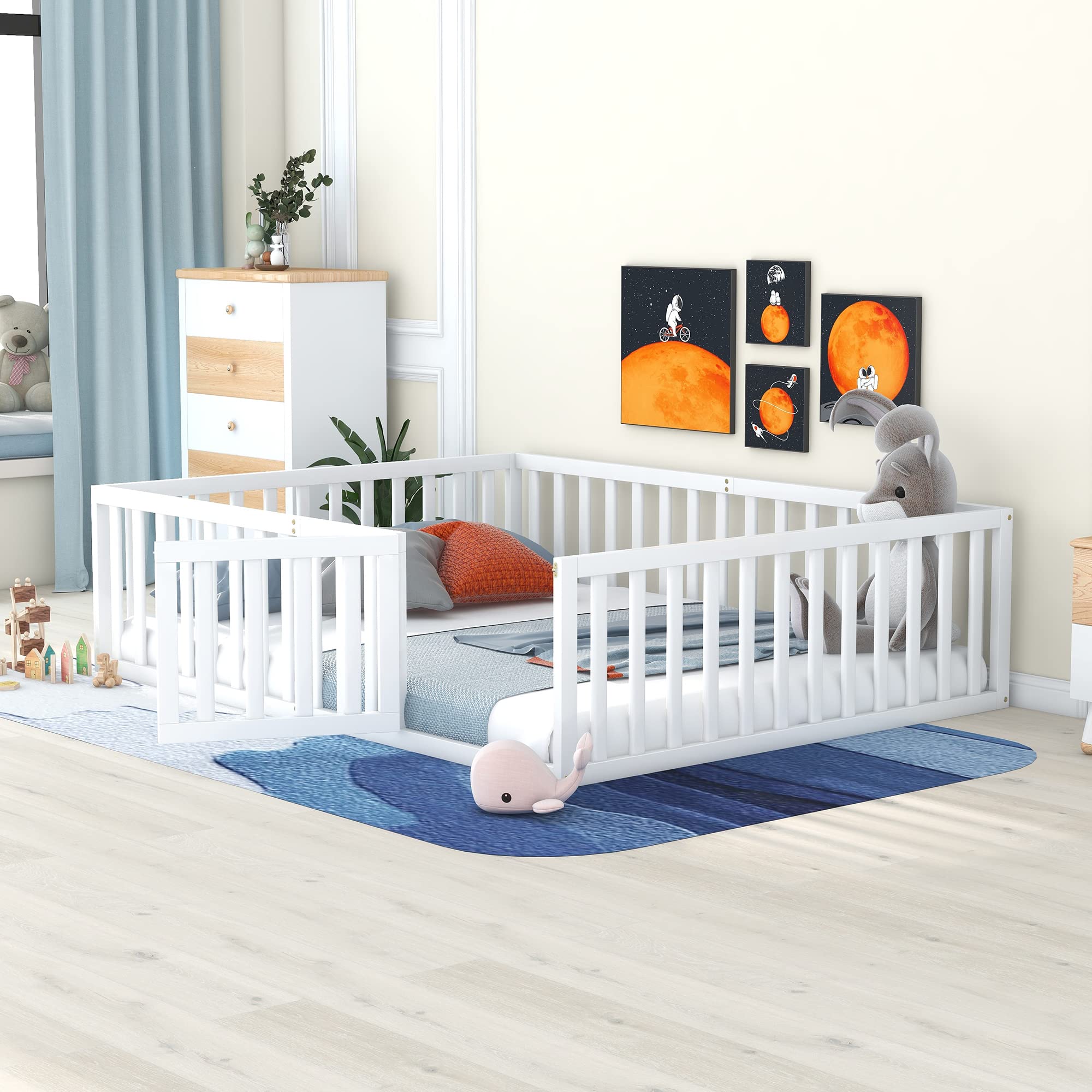 Harper & Bright Designs Queen Floor Bed with Rails, Wood Floor Bed Frame with Fence and Door, for Kids Girls Boys (White)