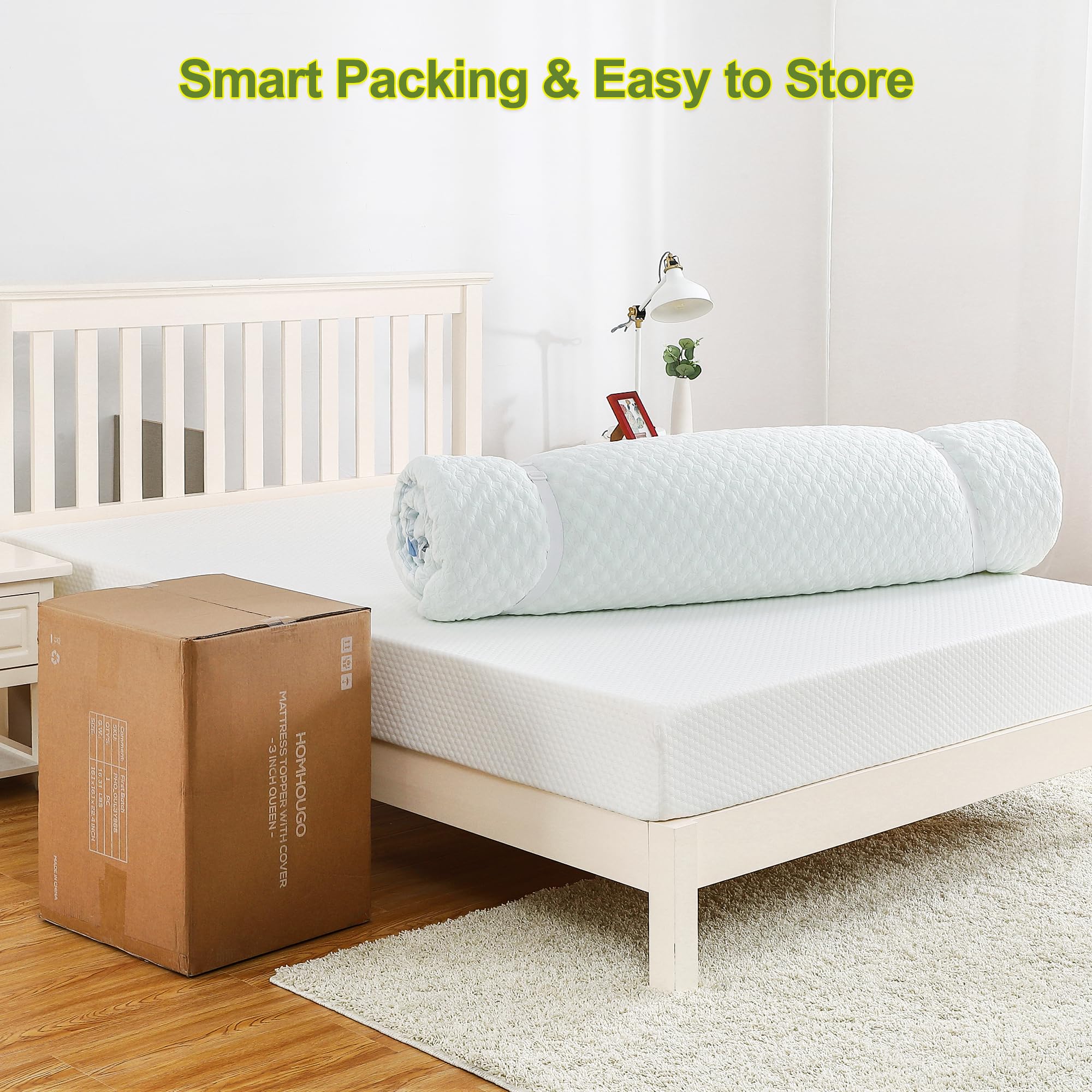 Queen Mattress Topper, Assile 3 Inch Green Tea Memory Foam Mattress Topper with Zippered Bamboo Cover, Cloud-Like Soft Bed Topper