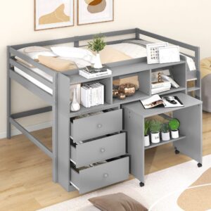 wood full size low loft bed with rolling portable desk and drawers,shelves and safety guardrails,for kids boys girls teens adults bedroom (gray@f, full)