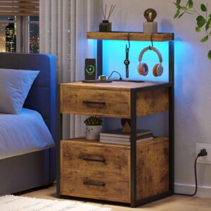 VIAGDO Nightstands Set of 2 with LED Lights, 3 Drawers Night Stands with Charging Station, Rustic Brown Bedside Tables with Storage Shelves, Modern End Side Tables for Bedroom, Office