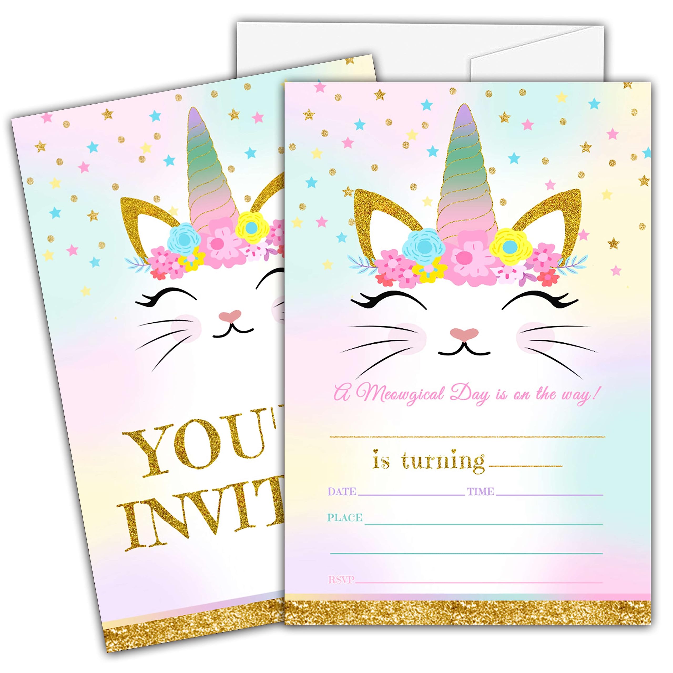 Ycyfckdr Caticorn Birthday Invitations for Kids, Kitty Unicorn Birthday Party Invitation Cards, Rainbow Cat Floral Party Celebration Supplies Decoration -20 Fill in Invitations with Envelopes (B03)