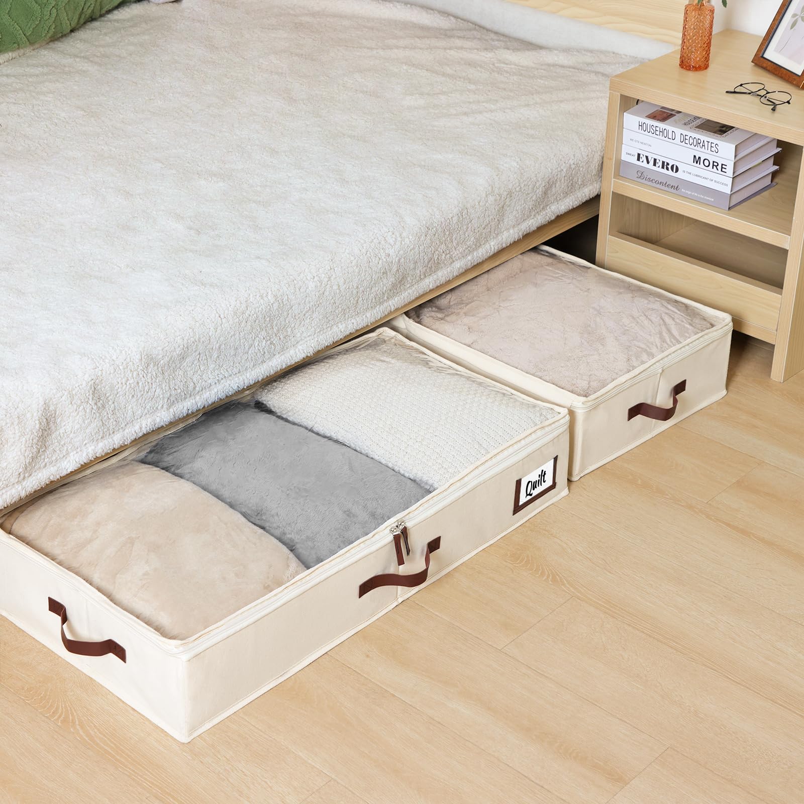 Fixwal Under-Bed Storage Box 3 Pack Blanket Storage 52L Under Bed Clothes Organizer with Sturdy Structure and Ultra Thick Fabric for Under Bed Organizer Ivory White