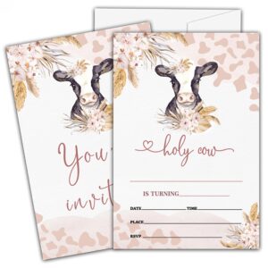 ycyfckdr holy cow birthday invitations for kids, boho birthday party invitation cards, pampas grass party celebration supplies decoration -20 fill in invitations with envelopes (b04)