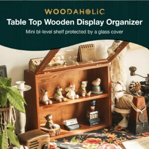 2-Tier Mini Display Cabinet - Wooden Storage Display Organizer with Dust Free Door - Bi-Level Rack & Wood Storage Box for Desk, Table Top or Counter Display - Small Organizing Cabinet for Desktop