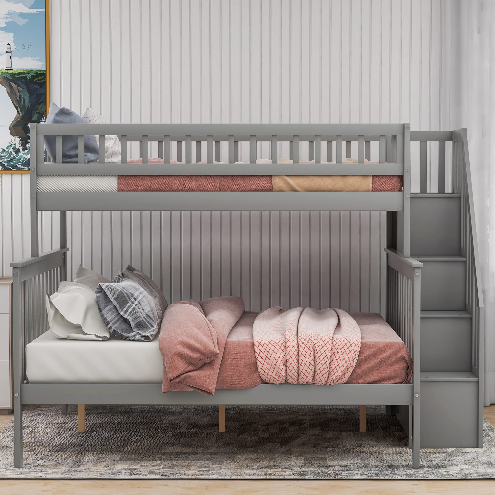 Harper & Bright Designs Twin Over Full Bunk Beds with Stairs, Wood Bunk Bed with Storage and Guard Rails,Bunk Beds Twin Over Full Size for Kids, Bedroom, Dorm, Teens, Adults, Grey