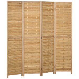 homcom 4 panel room divider, 5.5' tall bamboo portable folding privacy screens, hand-woven double side partition wall dividers for home office, natural