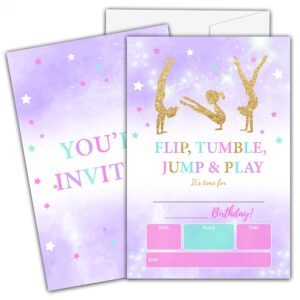 gymnastics birthday invitations for kids, gold glitter birthday party invitation cards, jump tumble and play party celebration supplies decoration -20 fill in invitations with envelopes (b17)