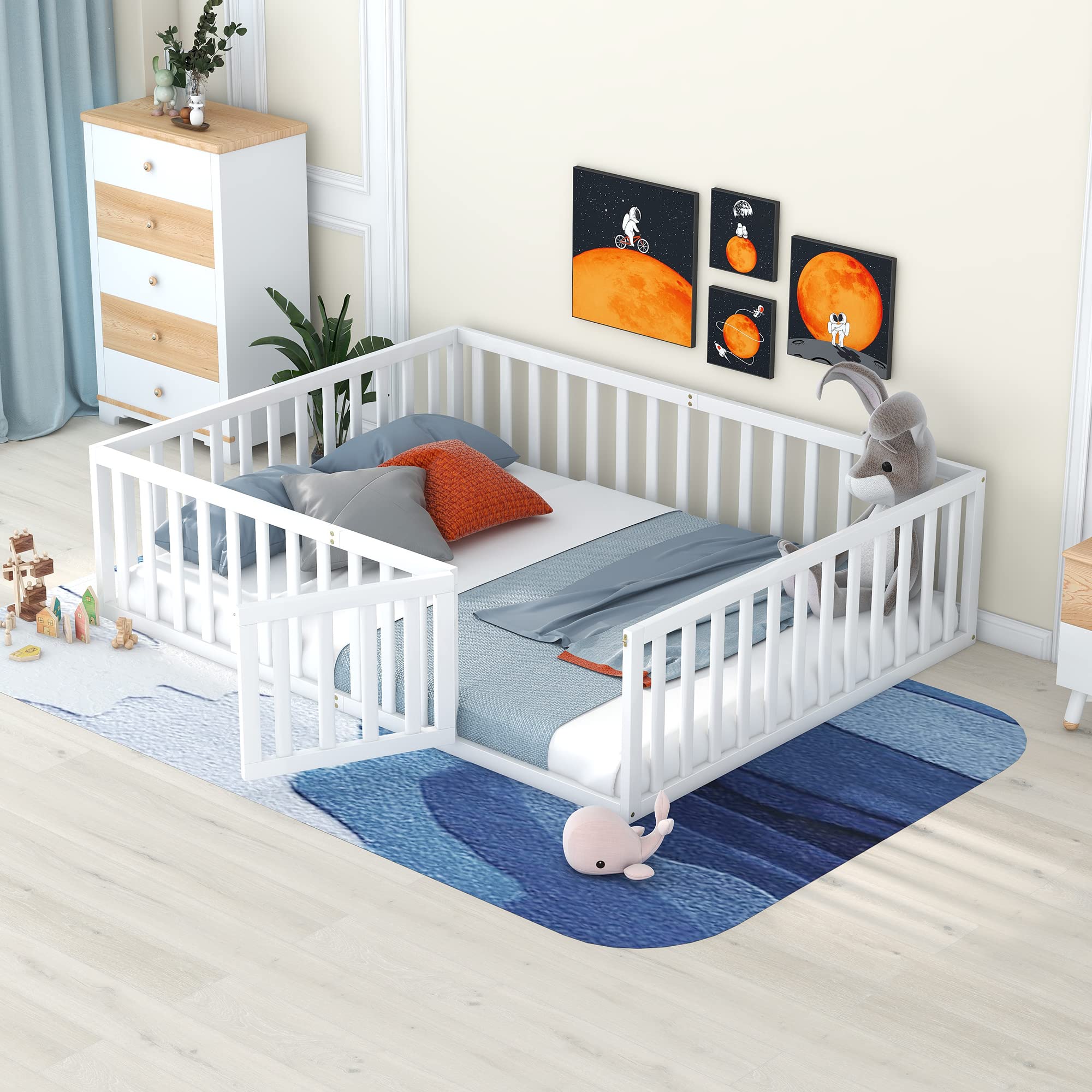 Harper & Bright Designs Queen Floor Bed with Rails, Wood Floor Bed Frame with Fence and Door, for Kids Girls Boys (White)