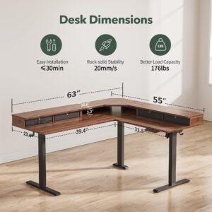 FEZIBO 63" L Shaped Standing Desk with Drawers, Electric Adjustable Height Standing Gaming Desk L Shape, Black Walnut Top/Black Frame