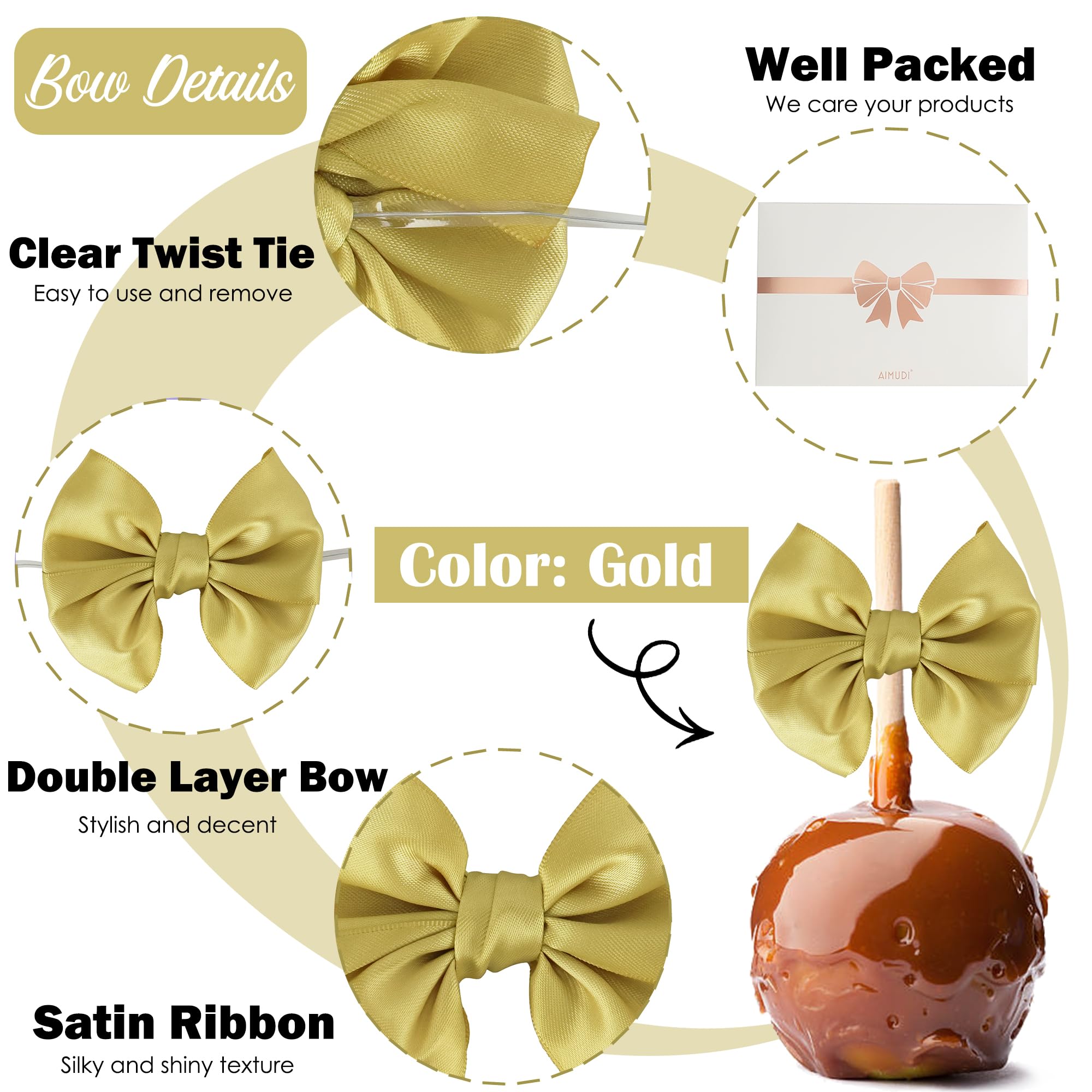 AIMUDI Gold Satin Ribbon Twist Tie Bows for Treat Bags 3.5" Gold Bows for Crafts Small Bows for Gift Wrapping Premade Bows for Cake Pops Candy Apple Wedding Favors Baby Shower Decor -24 Counts