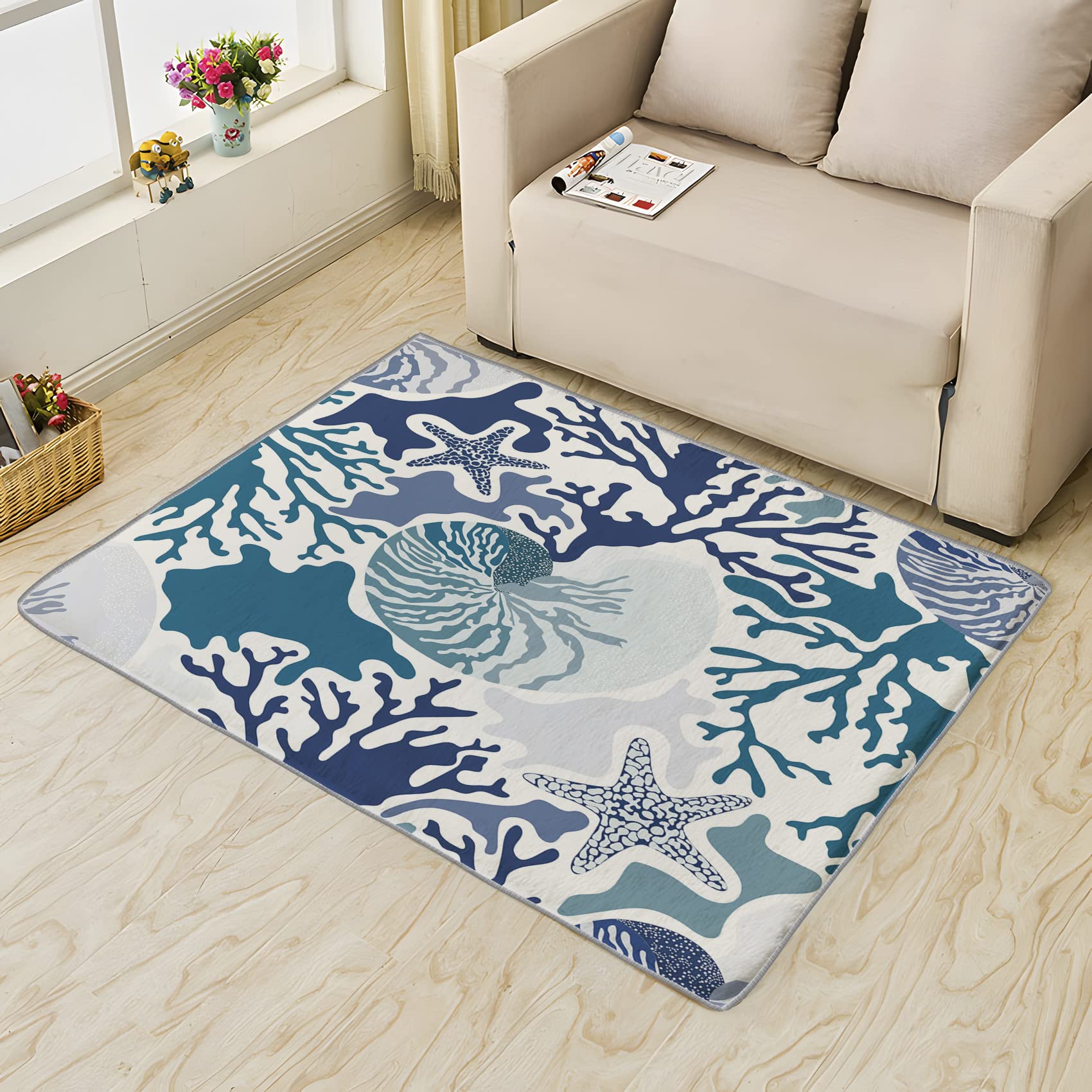 ZDABAOEC Coastal Rug, 2x3 Rug, Ocean Nautical Area Rugs for Bedroom Living Room, Beach Theme Coral Starfish Patterned Small Rug, Washable & Non Slip Indoor Floor Carpet Home Decor