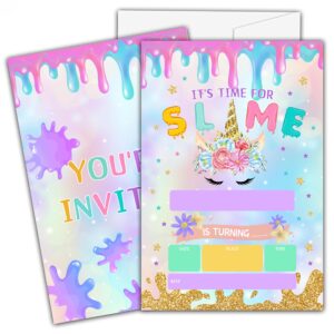 ycyfckdr slime birthday invitations for kids, magic unicorn birthday party invitation cards, gold glitter party celebration supplies decoration -20 fill in invitations with envelopes (b14)