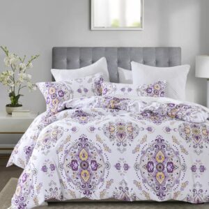 duoming cotton duvet cover king - 100% cotton soft 3 pieces damask duvet cover, white and purple floral king duvet cover set, medallion duvet cover king with zipper closure & 8 ties