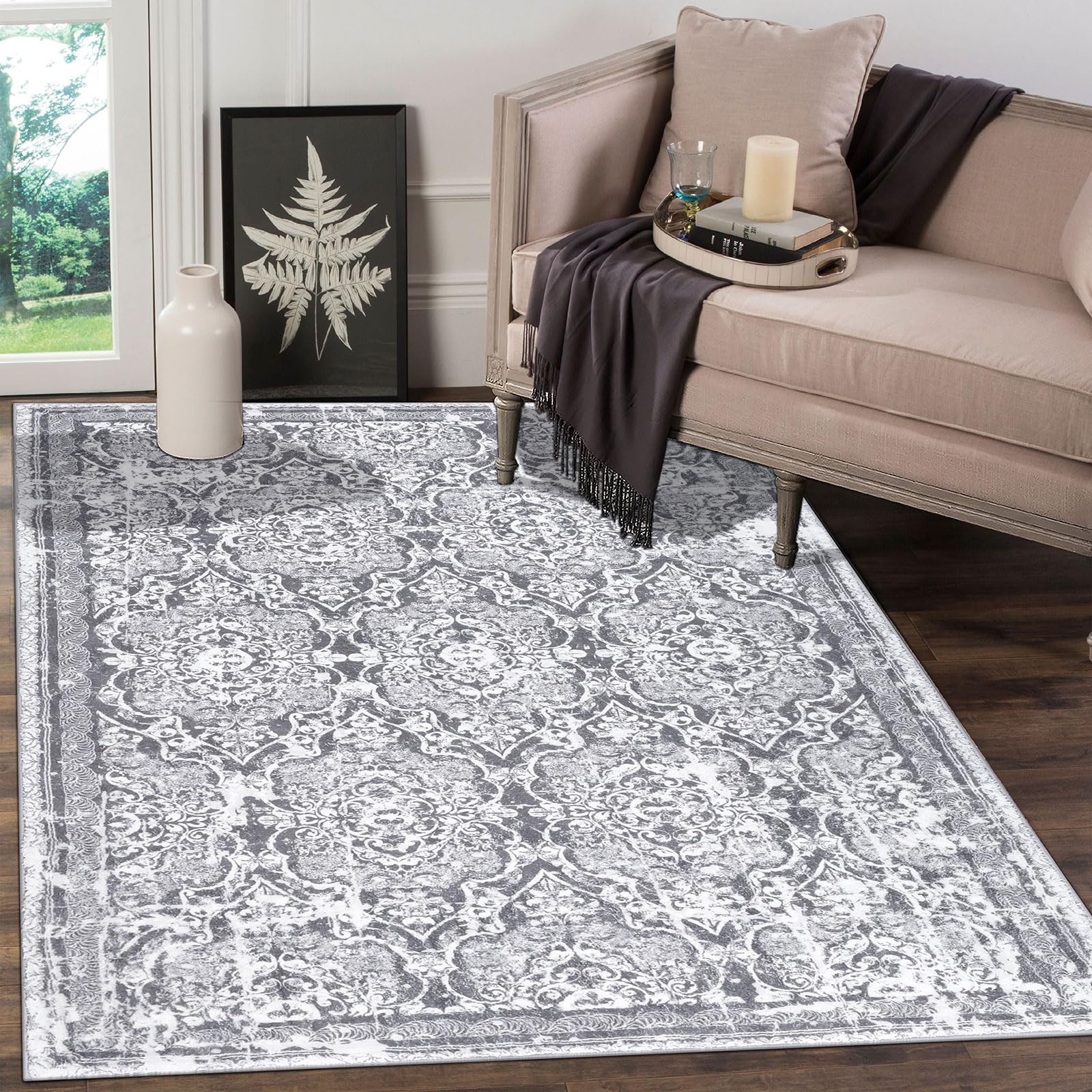 Vaukki Living Room Rug, Vintage Shaggy Soft Laundry Rug, Non Slip Kitchen Area Mat, Washable Farmhouse Bedroom Area Carpet for Bathroom, Kitchen and Kidsroom (3'x5', Grey)