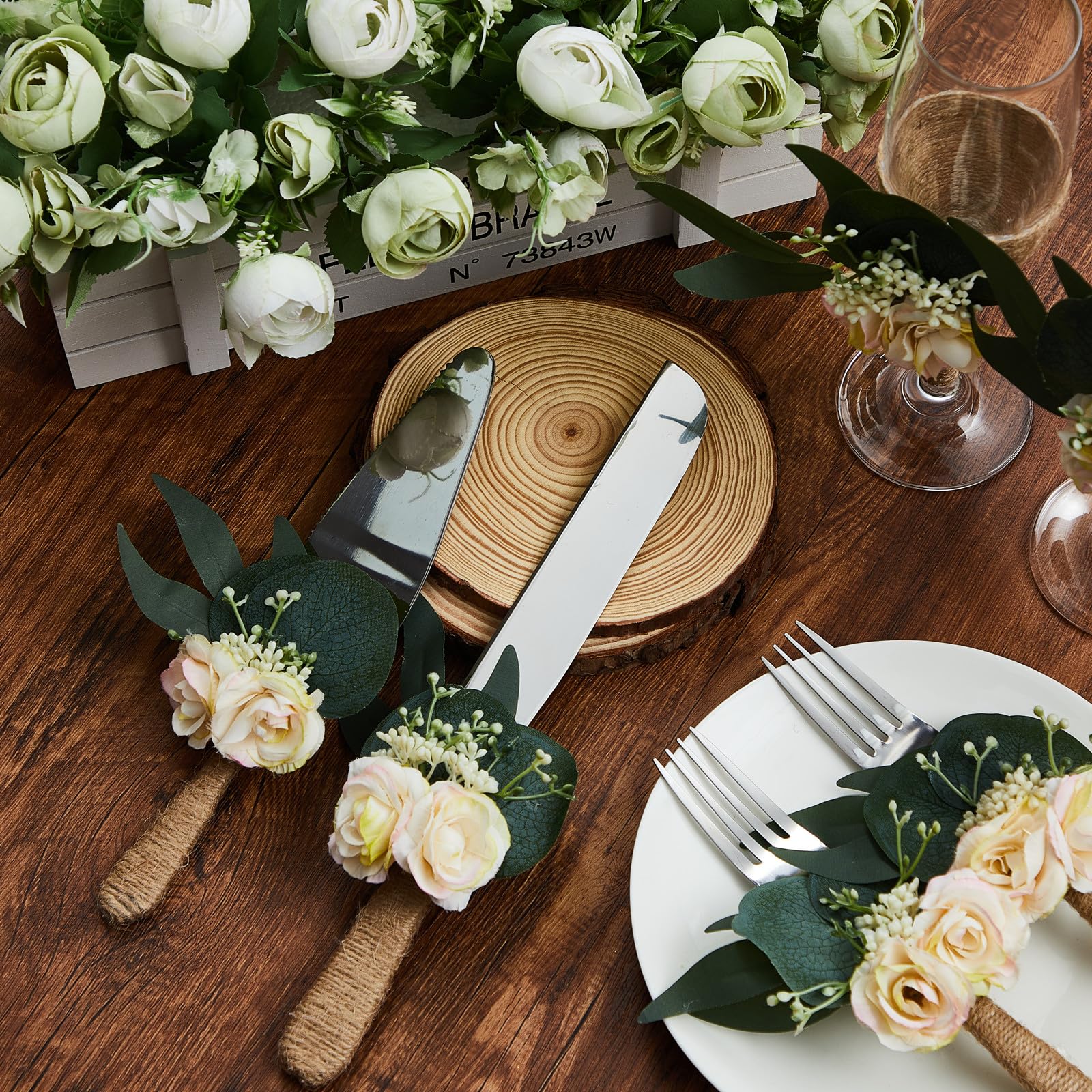 Lallisa 6 Pcs Wedding Cake Knife and Server Set Stainless Steel Cake Knife, Pie Server, 2 Pcs Forks and 2 Pcs Champagne Glasses with Eucalyptus Leaves and Roses Wedding Decorations for Bride Gifts