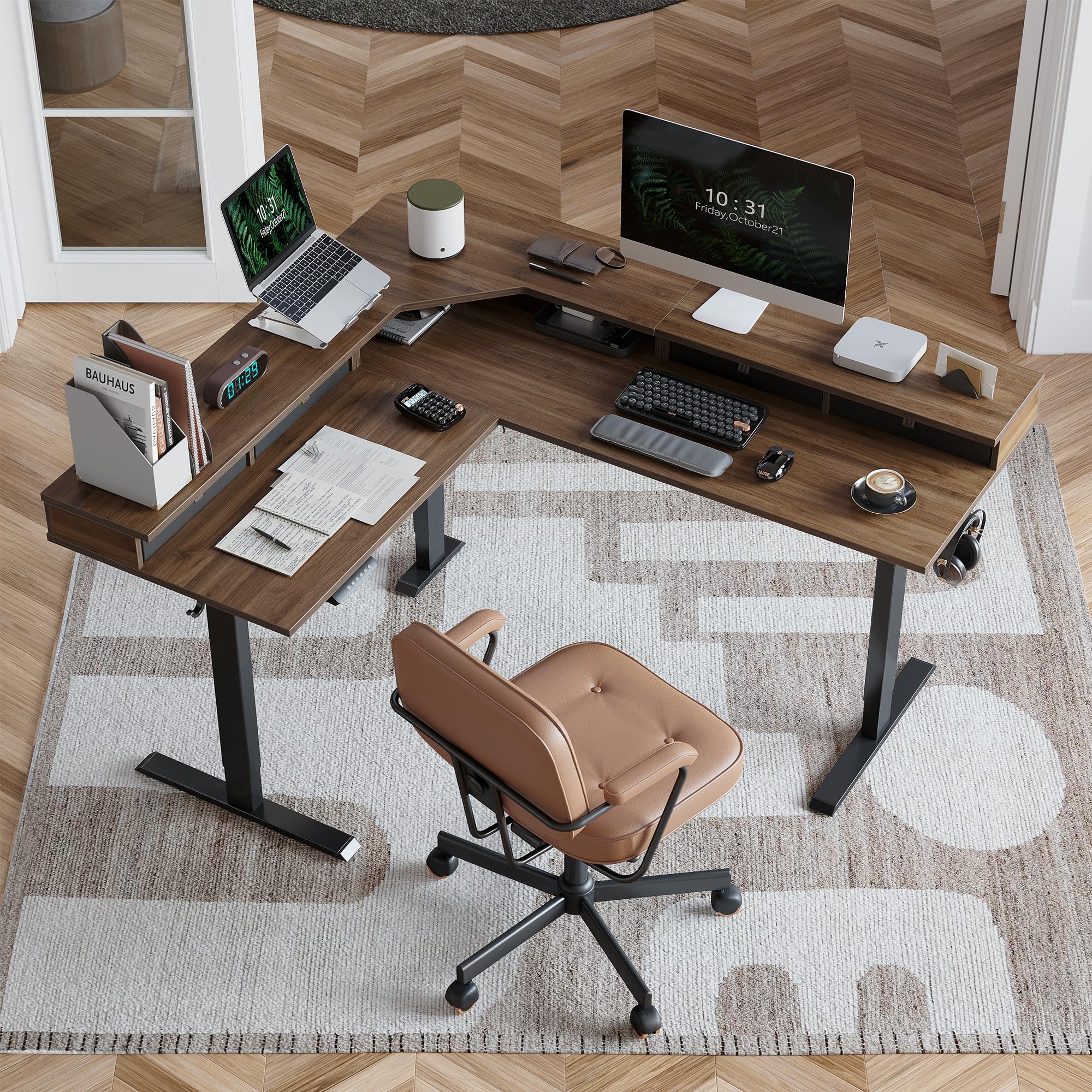 FEZIBO 63" L Shaped Standing Desk with Drawers, Electric Adjustable Height Standing Gaming Desk L Shape, Black Walnut Top/Black Frame