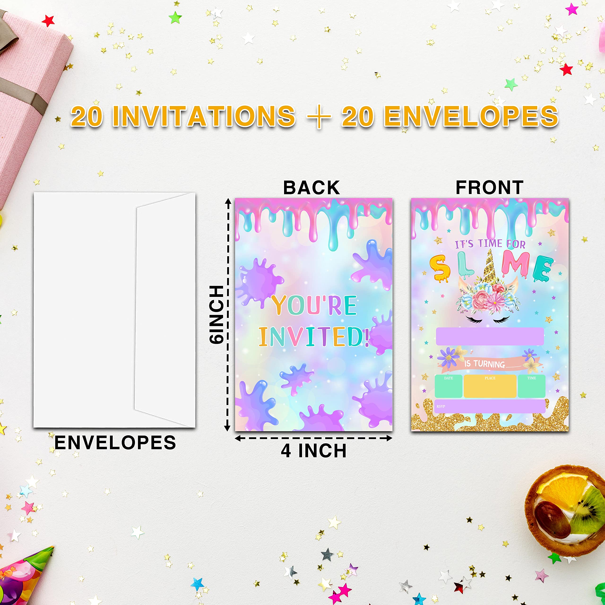 Ycyfckdr Slime Birthday Invitations for Kids, Magic Unicorn Birthday Party Invitation Cards, Gold Glitter Party Celebration Supplies Decoration -20 Fill in Invitations with Envelopes (B14)