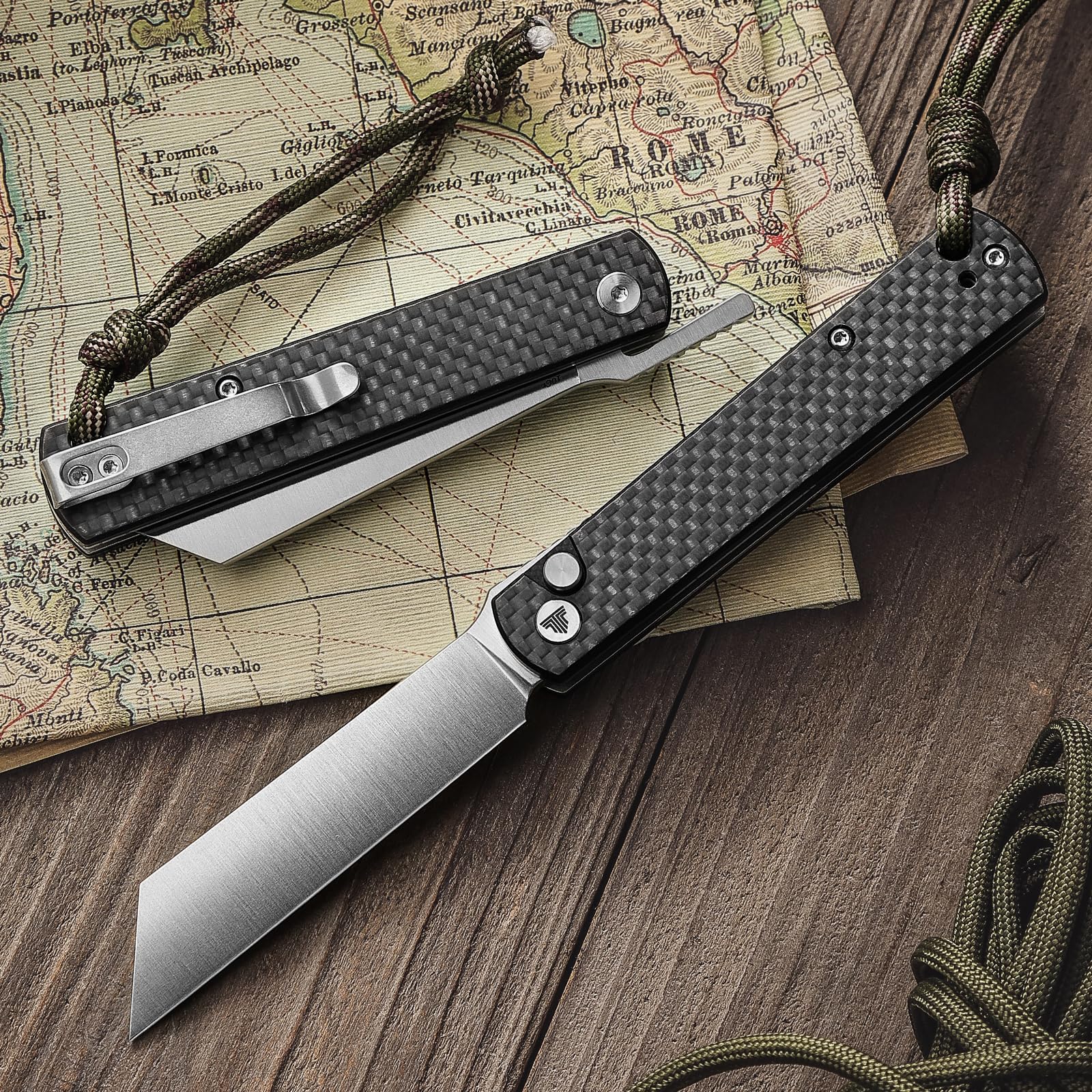 TRIVISA Japanese Higonokami Razor Folding Pocket Knife for Men or Women，Camping EDC Tool Outdoor Button Lock Knives with Pocket Clip，3.2" 10Cr15CoMoV Blade and Carbon Fiber Handle Hydra-05