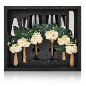 lallisa 6 pcs wedding cake knife and server set stainless steel cake knife, pie server, 2 pcs forks and 2 pcs champagne glasses with eucalyptus leaves and roses wedding decorations for bride gifts