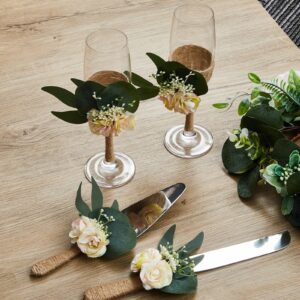 Lallisa 6 Pcs Wedding Cake Knife and Server Set Stainless Steel Cake Knife, Pie Server, 2 Pcs Forks and 2 Pcs Champagne Glasses with Eucalyptus Leaves and Roses Wedding Decorations for Bride Gifts