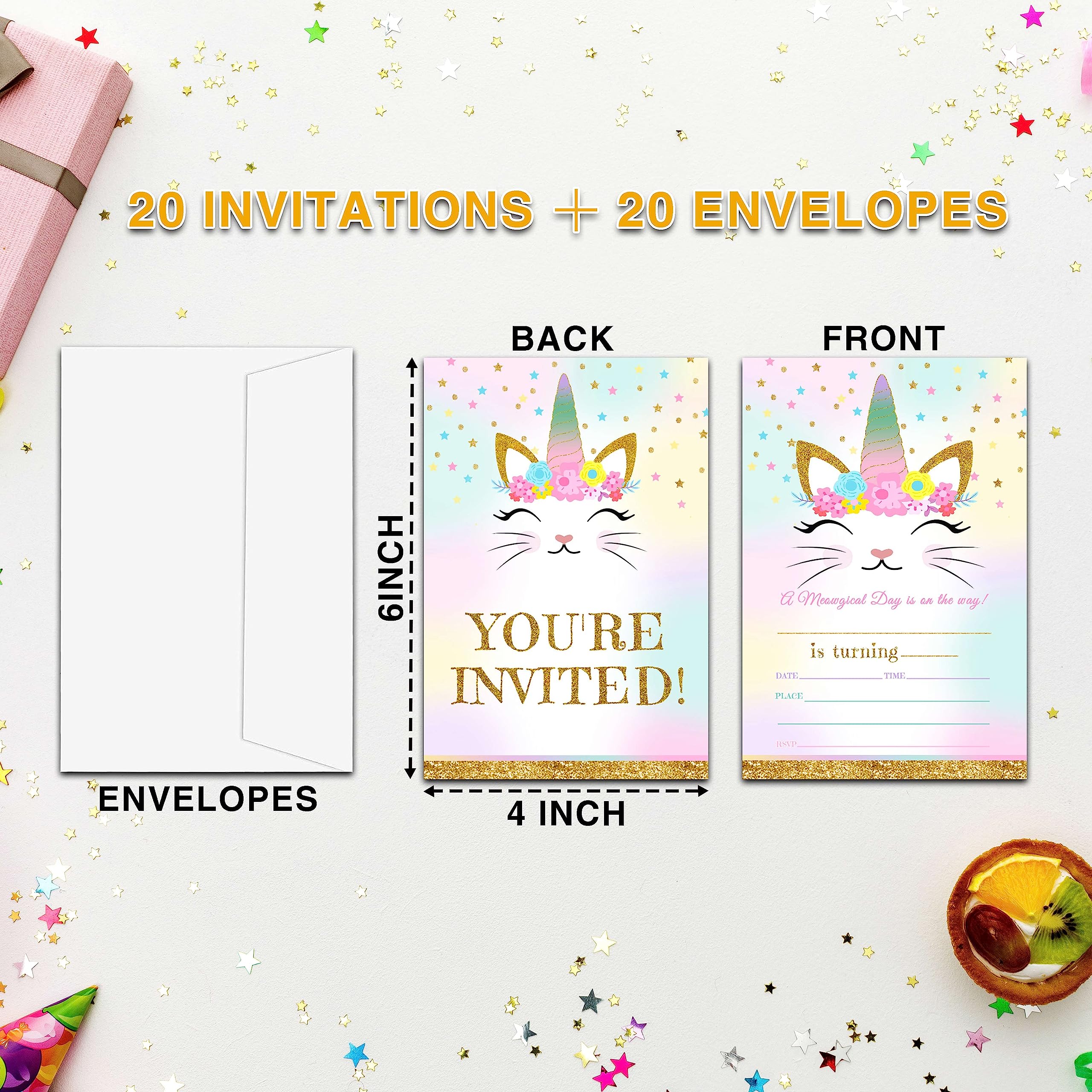 Ycyfckdr Caticorn Birthday Invitations for Kids, Kitty Unicorn Birthday Party Invitation Cards, Rainbow Cat Floral Party Celebration Supplies Decoration -20 Fill in Invitations with Envelopes (B03)