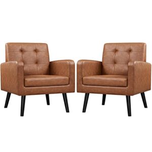 yaheetech mid-century accent chairs, pu leather modern upholstered living room chair, cozy armchair button tufted back and wood legs for bedroom/office/cafe, retro brown 2 pcs