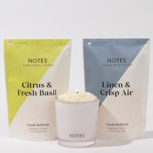 notes sustainable candle starter kit - zesty fresh duo | refillable & reusable candles | fresh scented candles | 100% natural wax | citrus & fresh basil and linen & crisp air candle refills