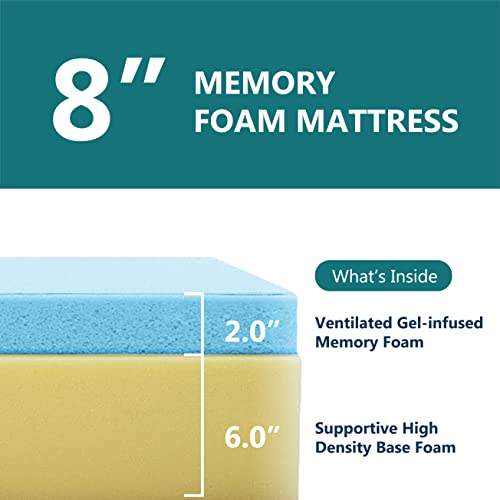 HOMES: Inside + Out Zinne Queen Mattress, 8 Inch Memory Foam Mattress Gel Mattress Twin for Cool Sleep Pressure Relief, Medium Firm King Mattress CertiPUR-US Certified/Bed-in-a-Box/Pressure Relieving