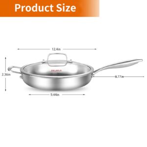 DELARLO Tri-Ply Stainless Steel Pan with Lid 12inch丨Compatible with All Cooktops Up to 600℉丨Stainless Steel Skillet 12 inch丨Heavy Duty丨Frying Pan with Lid丨18/10 Large Cooking Surface丨Omelette Pan