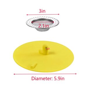 YEZILUU 2pcs, Cute silicone floor drain cover, Bathroom bathtub drain cover bathtub stopper, Kitchen sink water reservoir cover, Free floor drain strainer (Yellow - Duck + Blue - Duck)