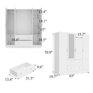 FAMAPY 4-Door Wardrobe Closet with Mirror, Armoires and Wardrobes with Drawers and Shelves, Armoire Wardrobe Closet with Hanging Rod, White (63”W x 19.7”D x 70.9”H)