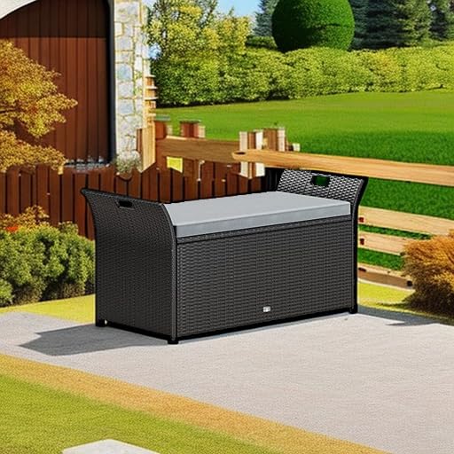 YITAHOME 90 Gallon Outdoor Wicker Storage Bench w/Cushion, Large PE Rattan Deck Storage Box w/Handles & Hydraulics for Patio Furniture, Cushions, Garden Tools, Pool & Sports Equipment, Black&Grey