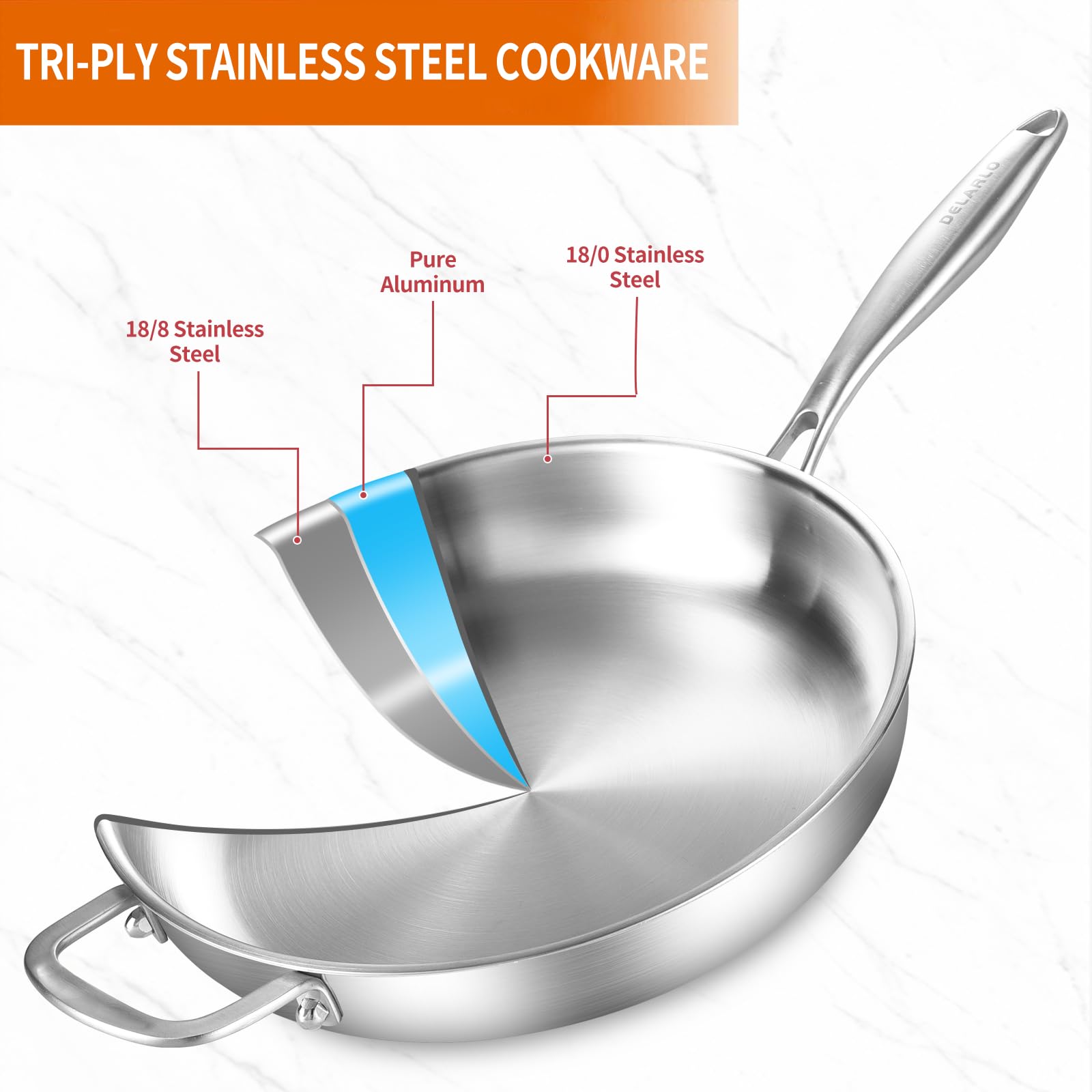 DELARLO Tri-Ply Stainless Steel Pan with Lid 12inch丨Compatible with All Cooktops Up to 600℉丨Stainless Steel Skillet 12 inch丨Heavy Duty丨Frying Pan with Lid丨18/10 Large Cooking Surface丨Omelette Pan