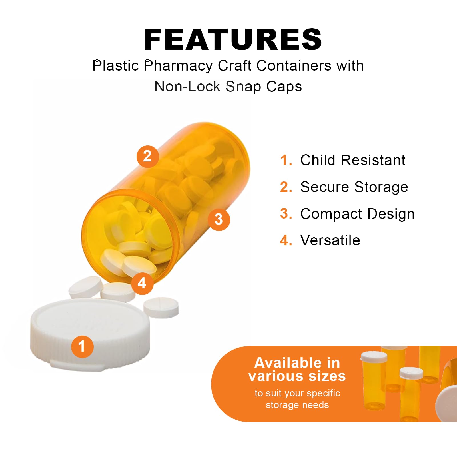 AVG Packaging Supplies Plastic Pharmacy Craft Containers with Non-Lock Snap Caps - Waterproof Airtight Medicine Bottles with Pop Top Caps, 60 Dram Vials (25ct)