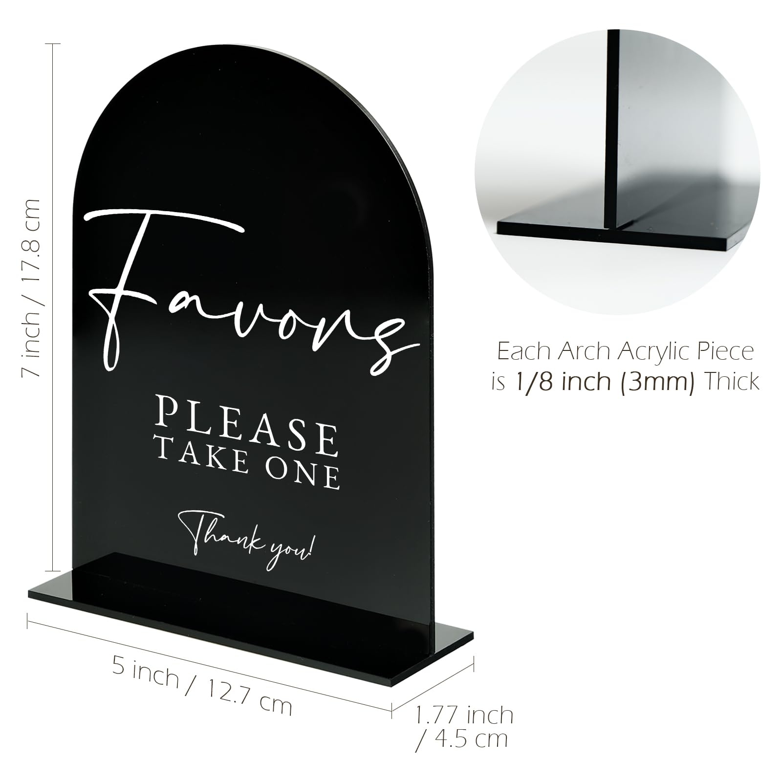 Acrylic Favors Sign with Stand- 5"x7" Black Arched Acrylic Wedding Sign and Base,1/8" Thick | Modern Calligraphy Arch Acrylic TableTop Sign for Wedding Reception & Event Party Table