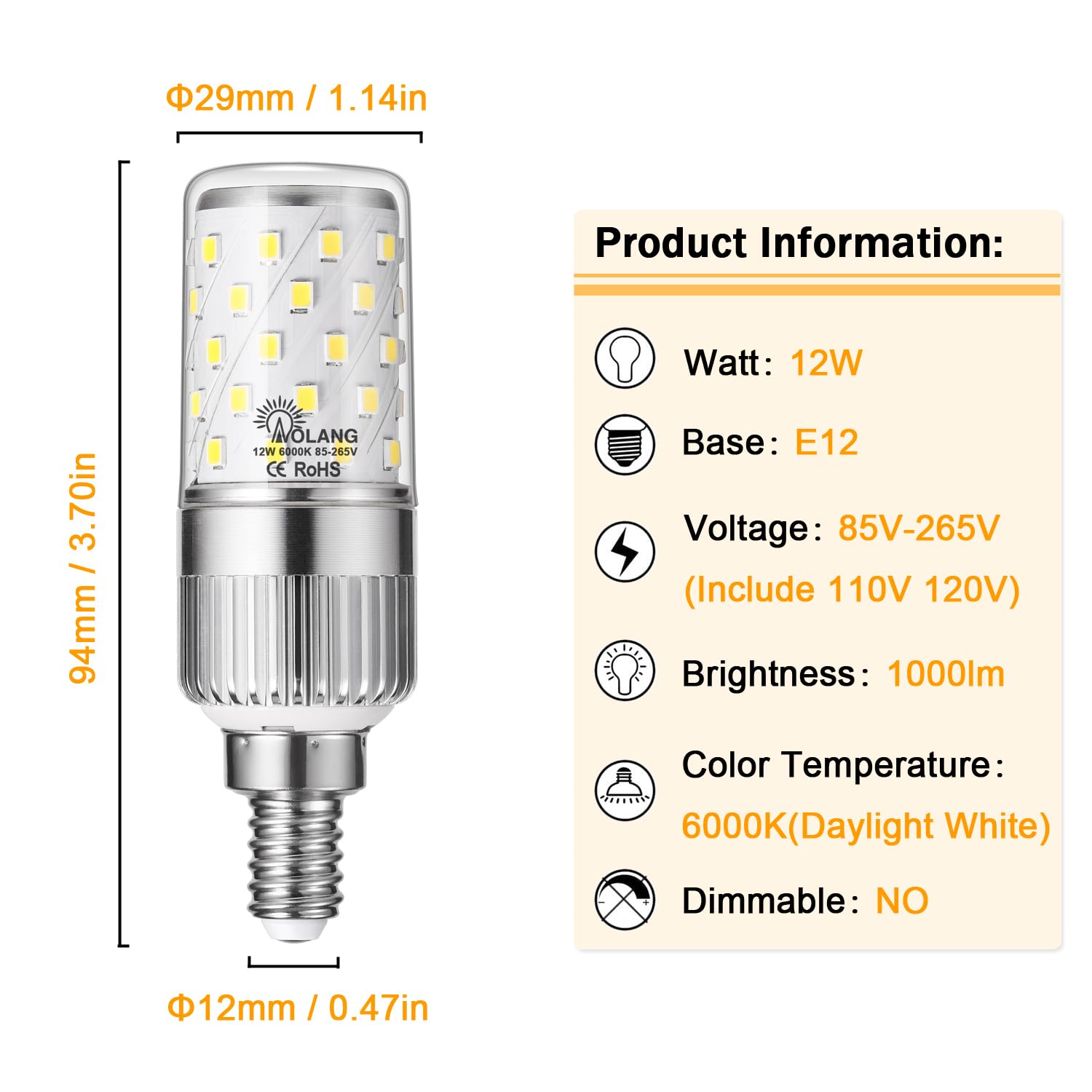 Aolang E12 LED Bulbs,12W LED Candelabra Bulbs,100 Watt Equivalent, Daylight White 6000K Chandelier Bulbs, E12 Base Ceiling Fan Light Bulbs, 85V-265V, 1000Lumen Corn Bulbs, Non-Dimmable (4 Pack)