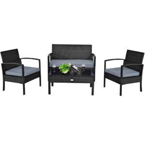 costway 4pcs patio rattan furniture set, outdoor wicker conversation set with tempered glass coffee table, seat cushions, ideal for poolside balcony porch backyard