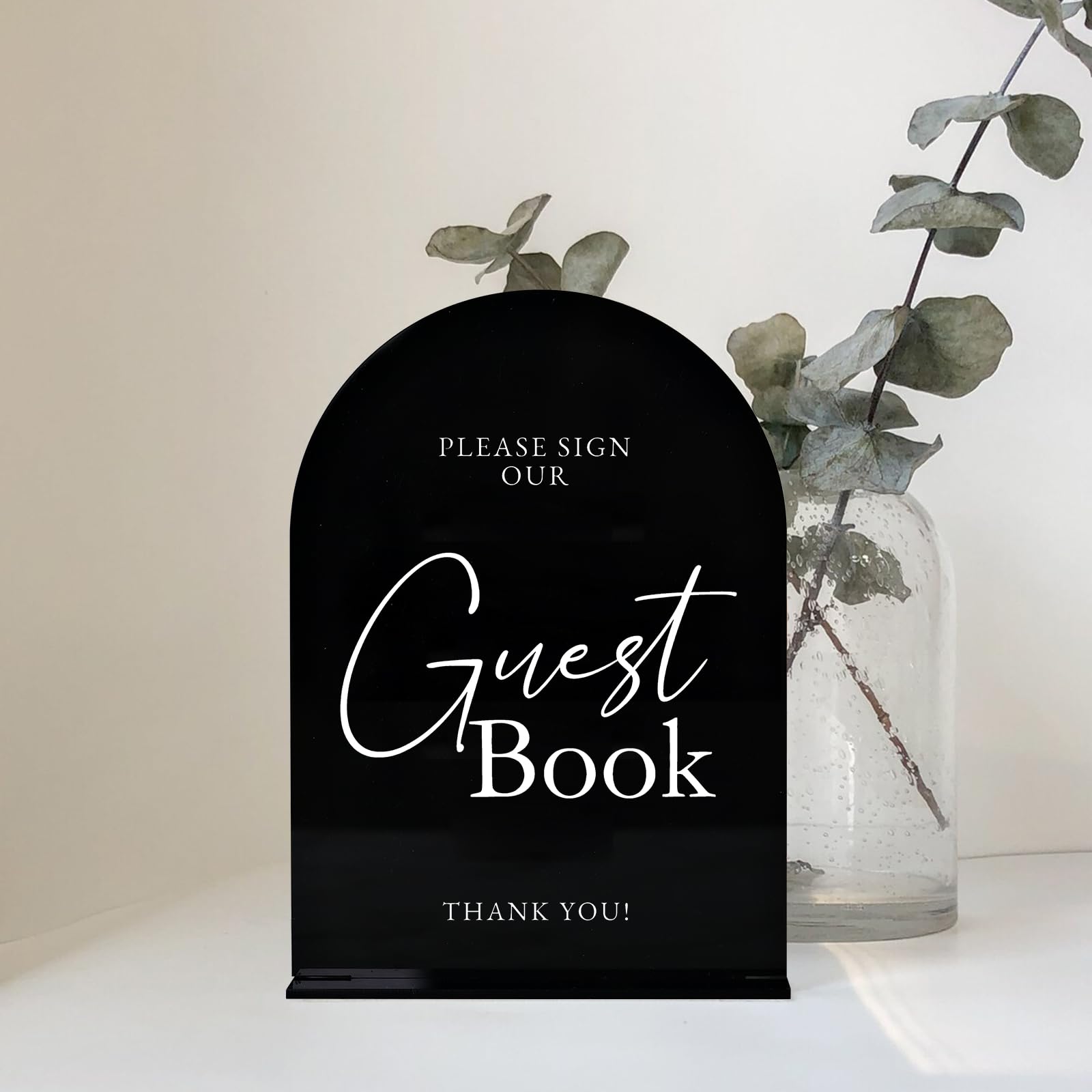 Guest Book Sign with Stand- 5"x7" Black Arched Acrylic Wedding Sign and Base,1/8" Thick | Modern Calligraphy Arch Acrylic TableTop Sign for Wedding Reception & Event Party Table