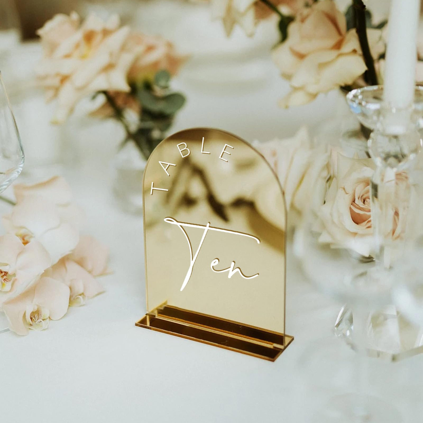 Gold Mirror Arched Wedding Table Numbers with Stands 1-10, 5x7 Inch Acrylic Arch Sign with Holder, Table Number 1-10, 5"x7")